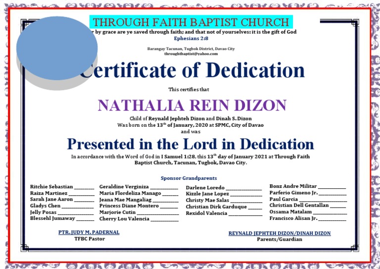 Certificate of Dedication: Nathalia Rein Dizon | PDF