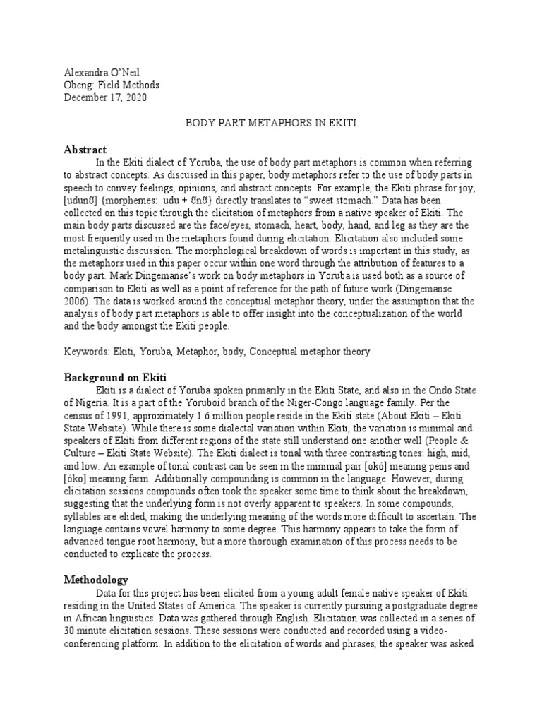 Body Part Metaphors in Ekiti | PDF | Metaphor | Tone (Linguistics)