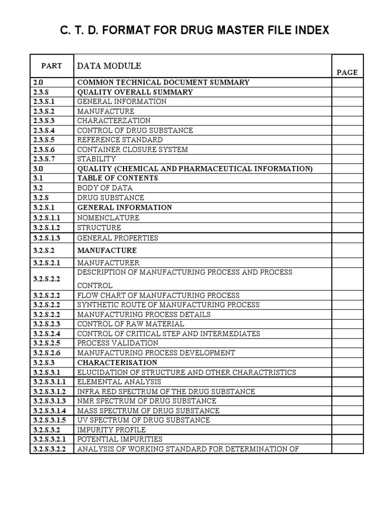 C. T. D. Format For Drug Master File Index | PDF | Chemical Substances ...