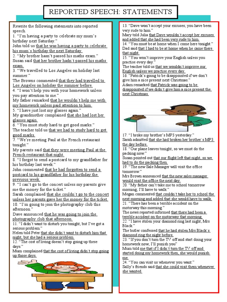 Reported Speech Statement Examples | PDF
