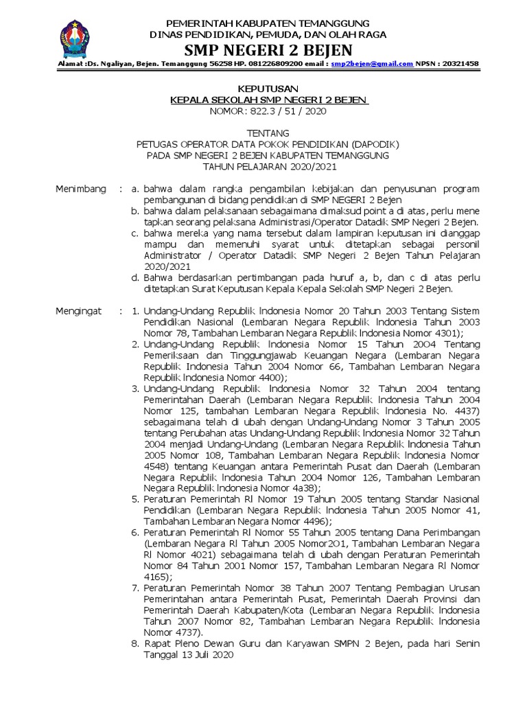 Keputusan Operator Dapodik SMP 2 Bejen | PDF