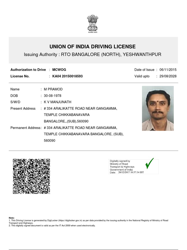 Union of India Driving License: Issuing Authority: Rto Bangalore (North ...