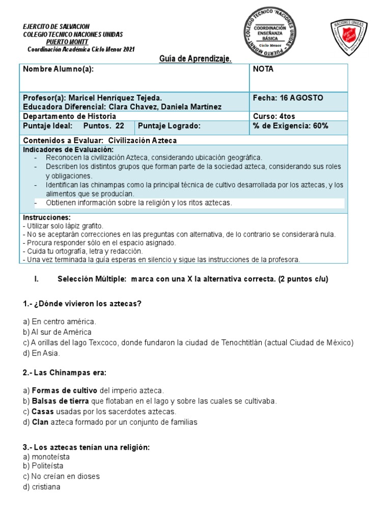 GUIA de Aprendizaje Los Aztecas | PDF