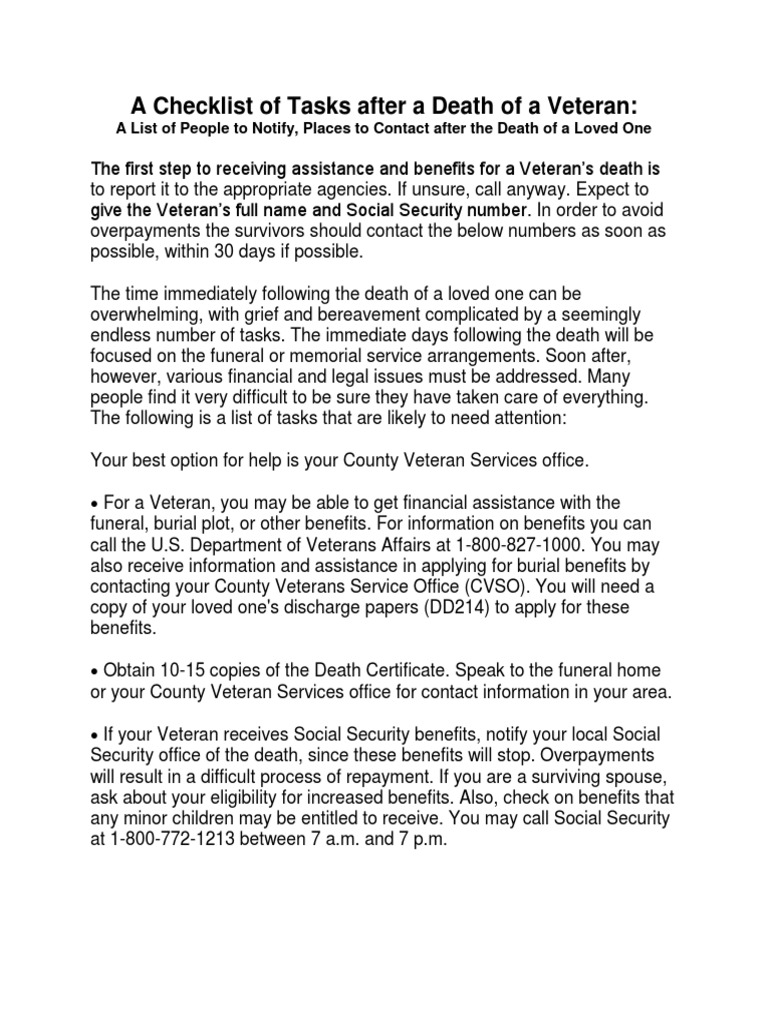 A - Checklist - of - Tasks - After - A - Death - of - A - Veteran - PDF ...