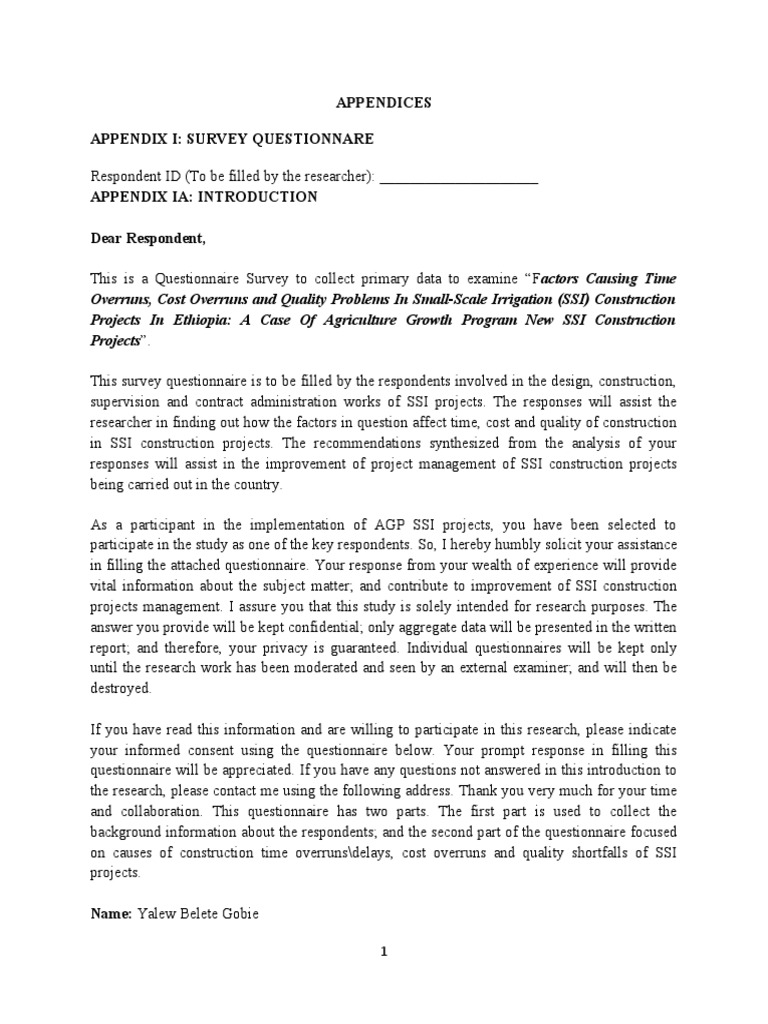 Appendices Appendix I: Survey Questionnare | PDF | Questionnaire ...