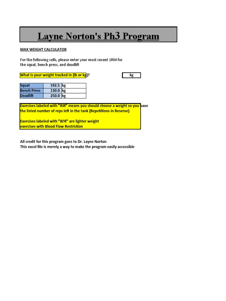 Layne Norton's Ph3 Hypertrophy and Strength Program Excel Calculator ...