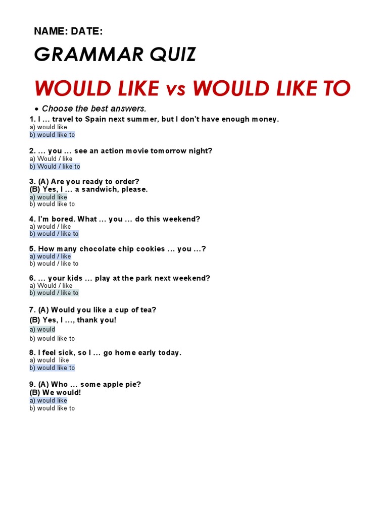 Would Like Would Like To: Grammar Quiz | PDF | Food And Drink | Cuisine