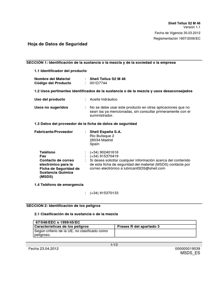 15 MSDS - Shell Tellus S2 M 46 | PDF | Residuos | Agua