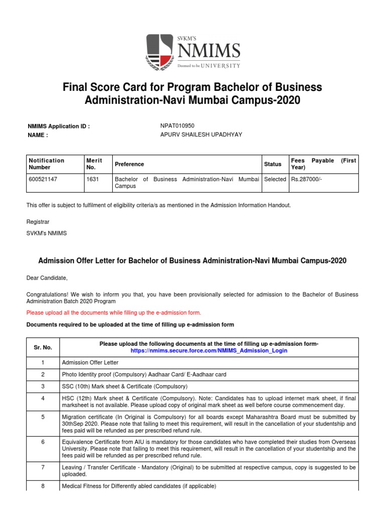 Admission OfferLetter (2) - NMIMS | PDF | University And College ...