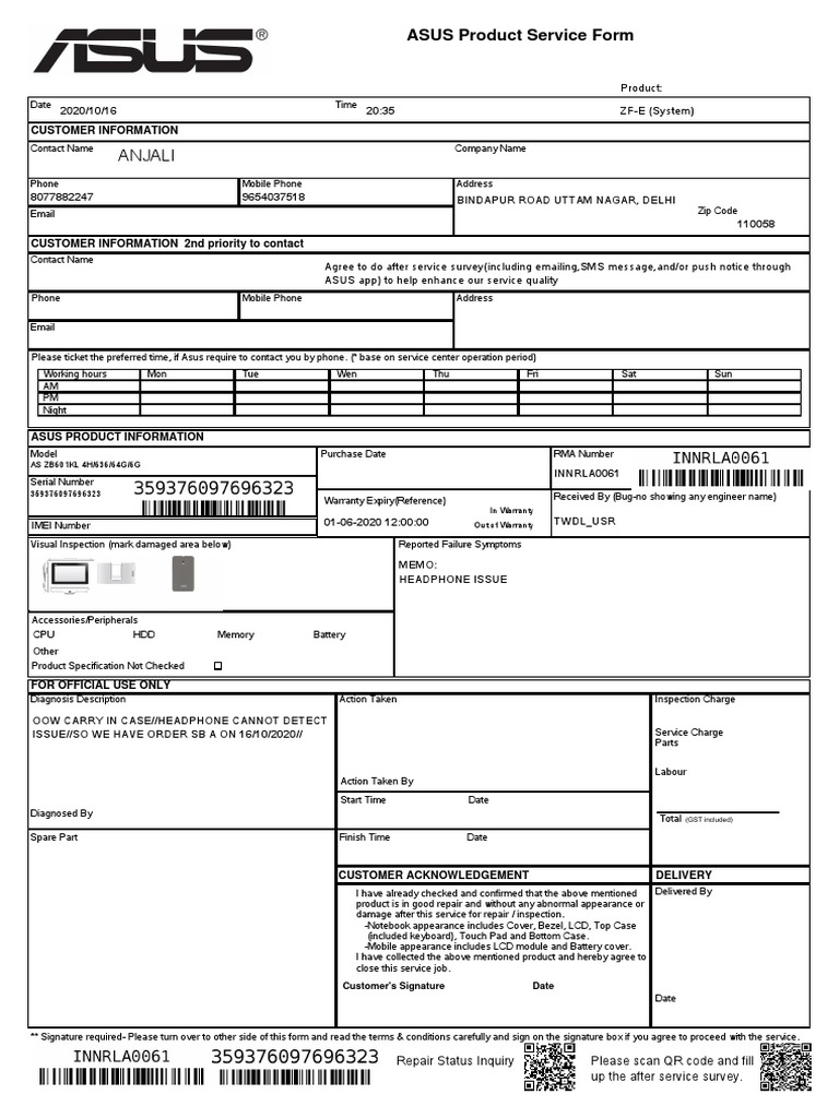 Anjali: ASUS Product Service Form | PDF | Mobile Technology | Computing