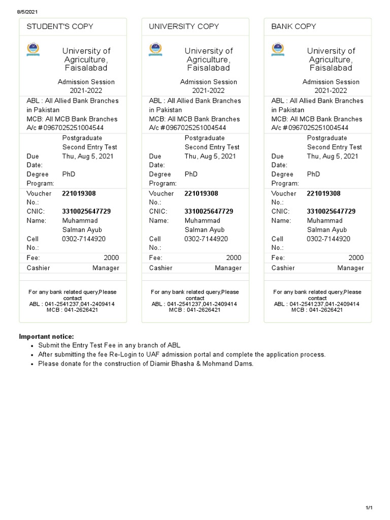 Payment Receipt for PhD Postgraduate Second Entry Test Fee at ...