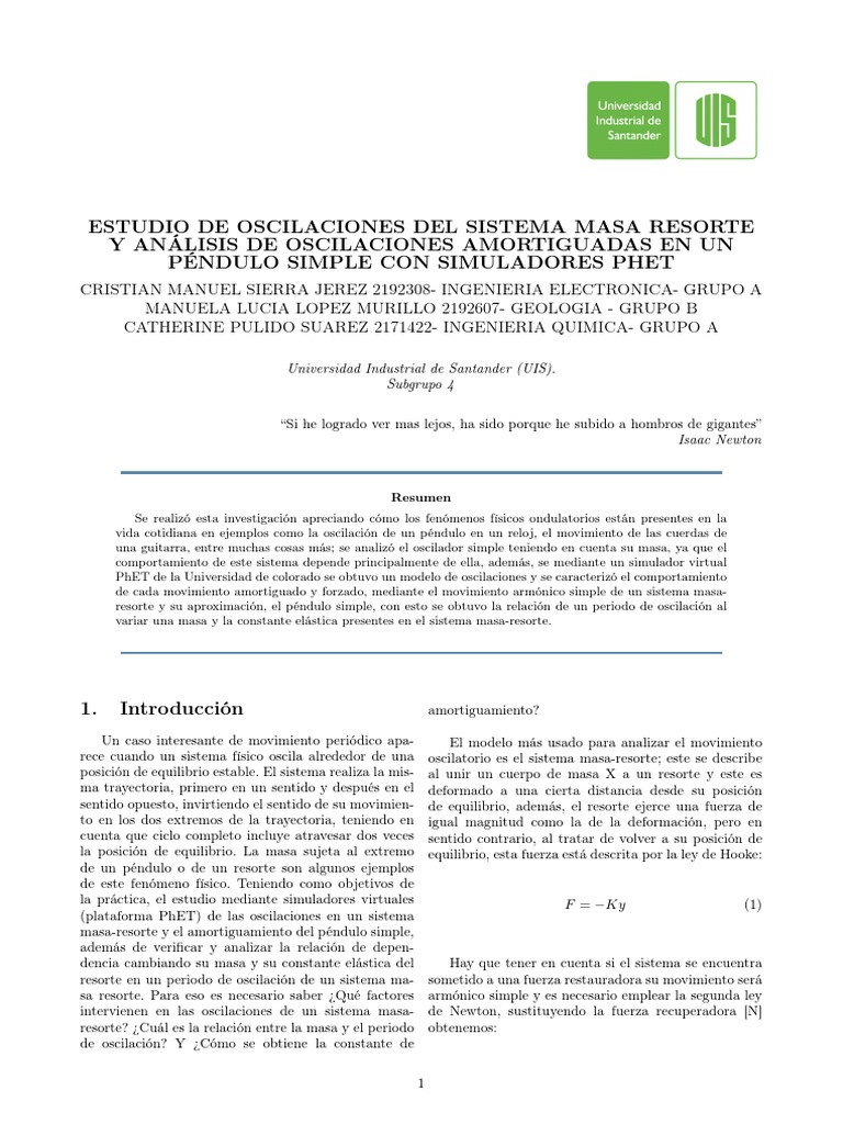 Estudio de Oscilaciones Del Sistema Masa Resorte y An Lisis de Oscilaciones Amortiguadas en Un P ...