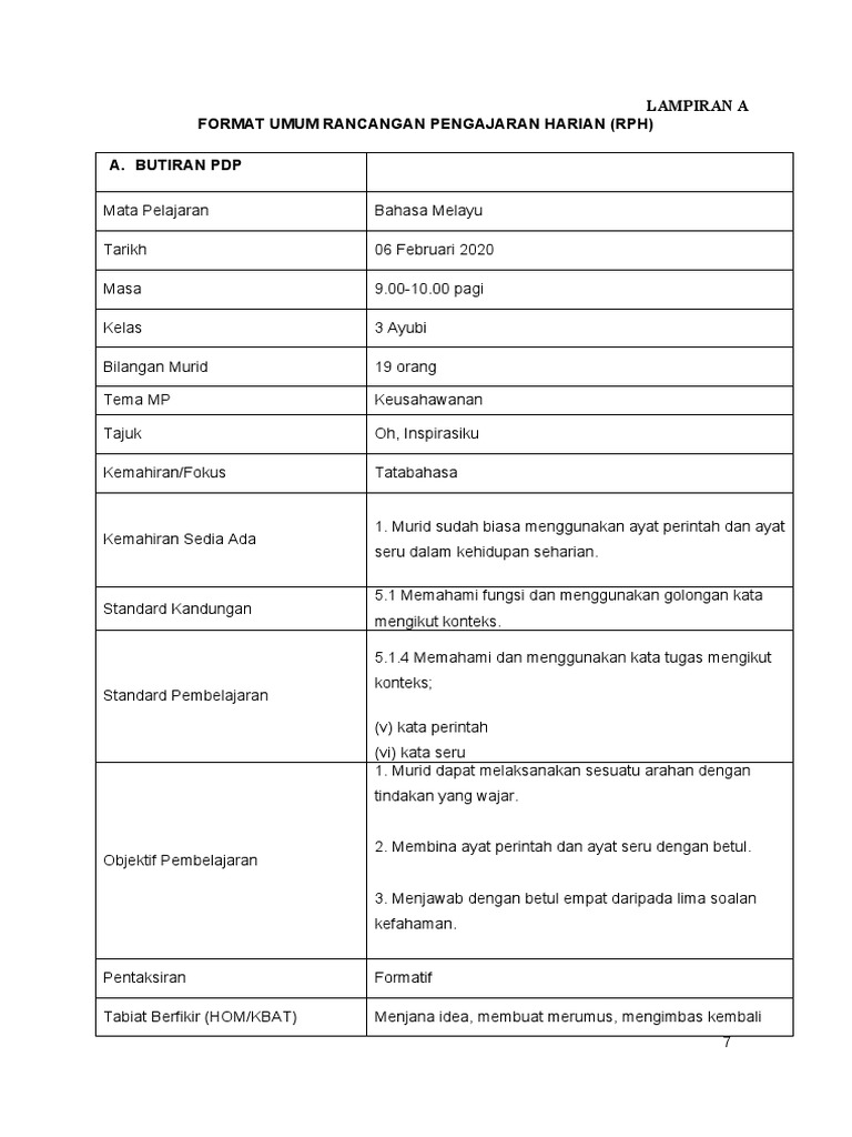 Lampiran A Format Umum Rancangan Pengajaran Harian (RPH) A. Butiran PDP | PDF