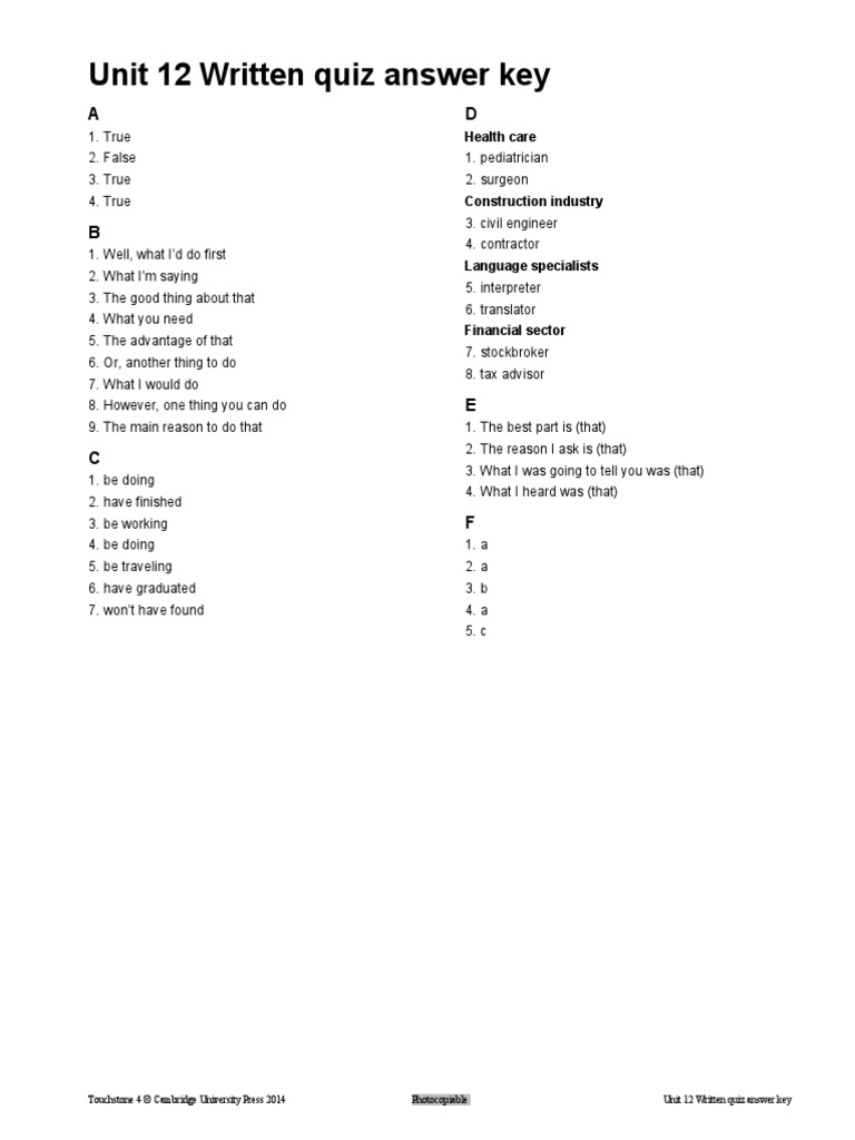 Course 16 Unit 12 Written Quiz Answer Key | PDF