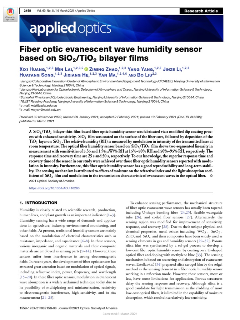 Fiber Optic Evanescent Wave Humidity Sensor Based On Sio /tio Bilayer Films | PDF | Optical ...