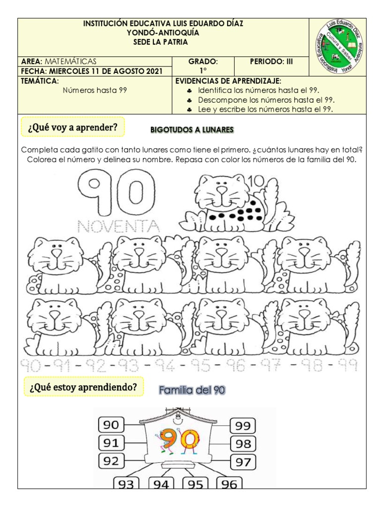 Actividades de Números hasta 99 para 1° | PDF
