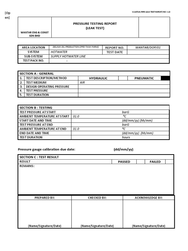 Pressure Testing Report (Leak Test) : (Op En) | PDF