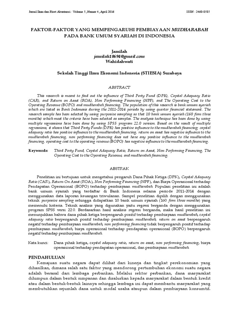 Faktor-Faktor Yang Mempengaruhi Pembiayaan Mudharabah Pada Bank Umum Syariah Di Indonesia | PDF ...