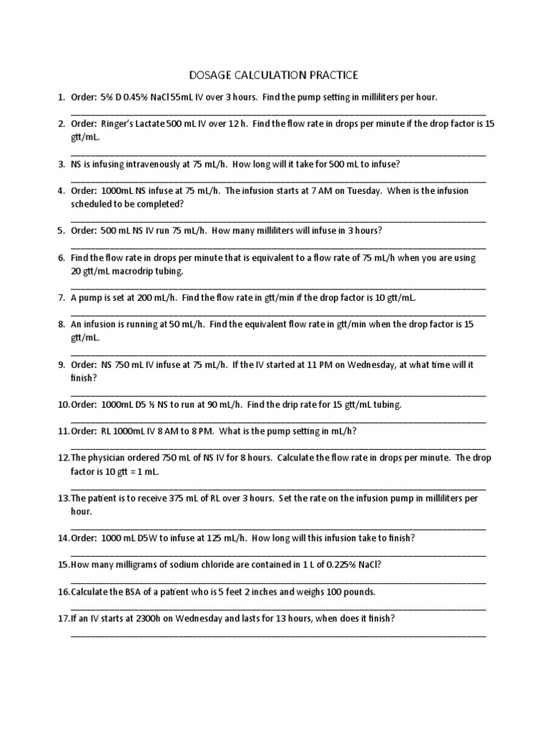 Dosage Calculation Practice | PDF | Intravenous Therapy | Chemistry