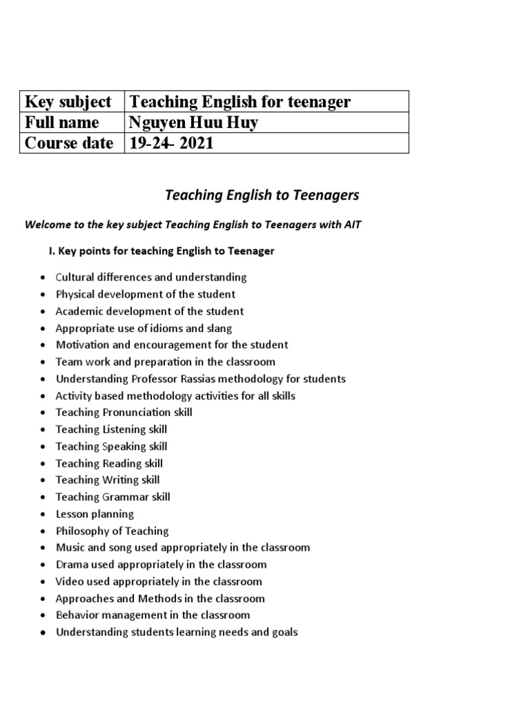 Complete Tesol Teaching English To Teenagers Thien Pham | PDF | Lesson ...