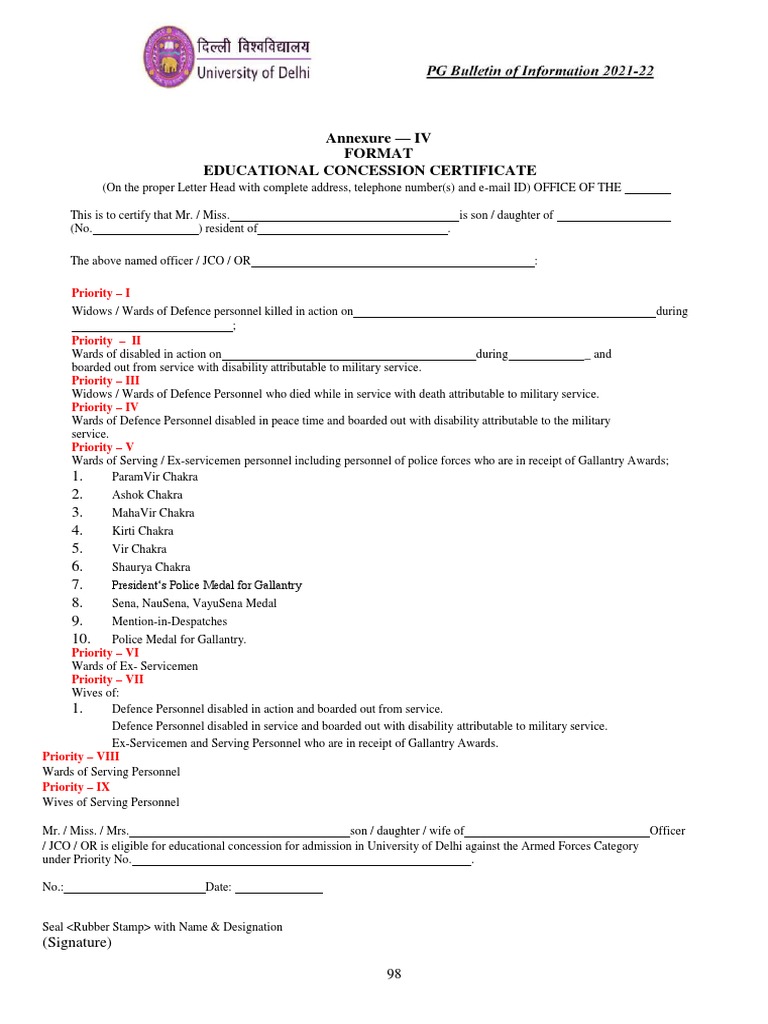 Annexure - IV Format Educational Concession Certificate: Priority - I | PDF | Courage | Awards