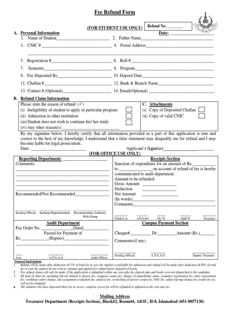 Fee Refund Form | PDF | Fee
