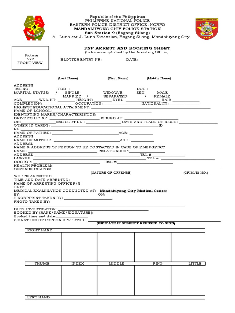 PNP Arrest and Booking Sheet | PDF | National Security | Justice