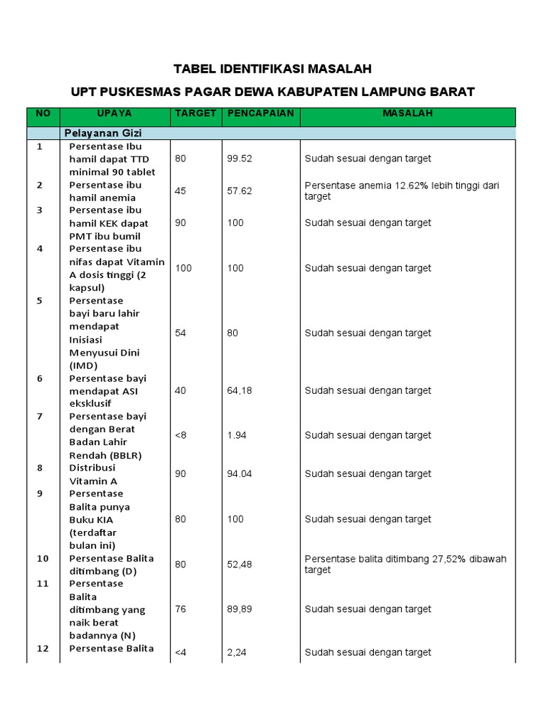 Tabel Identifikasi Masalah & Fish Bone - Gizi PKM Pagar Dewa | PDF