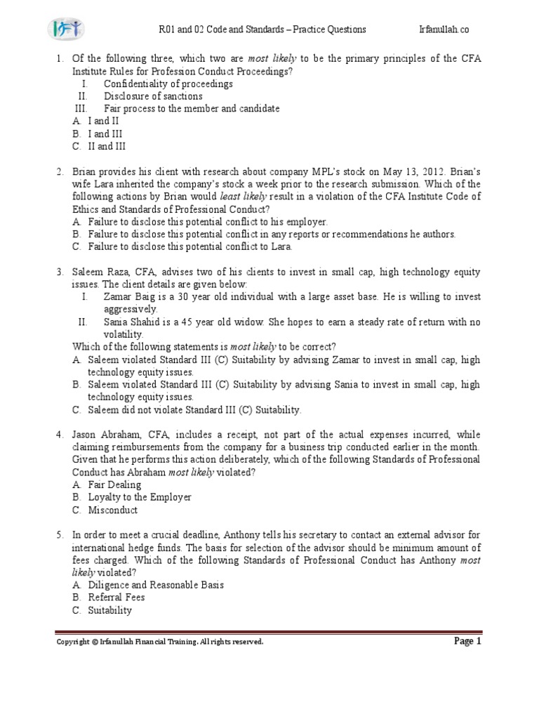 R01 and 02 Code and Standards Practice Questions | PDF | Financial ...