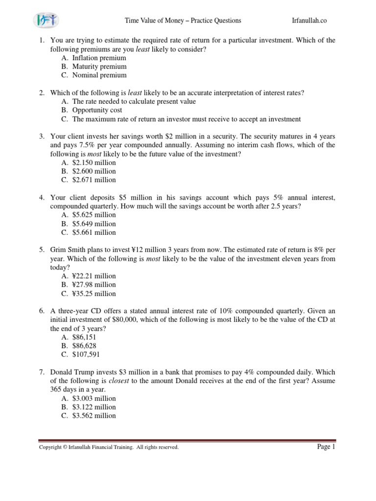 R05 Time Value of Money Practice Questions | PDF | Present Value | Interest