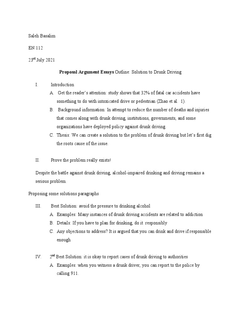 Proposal Argument Essays Outline: Solution To Drunk Driving | PDF ...