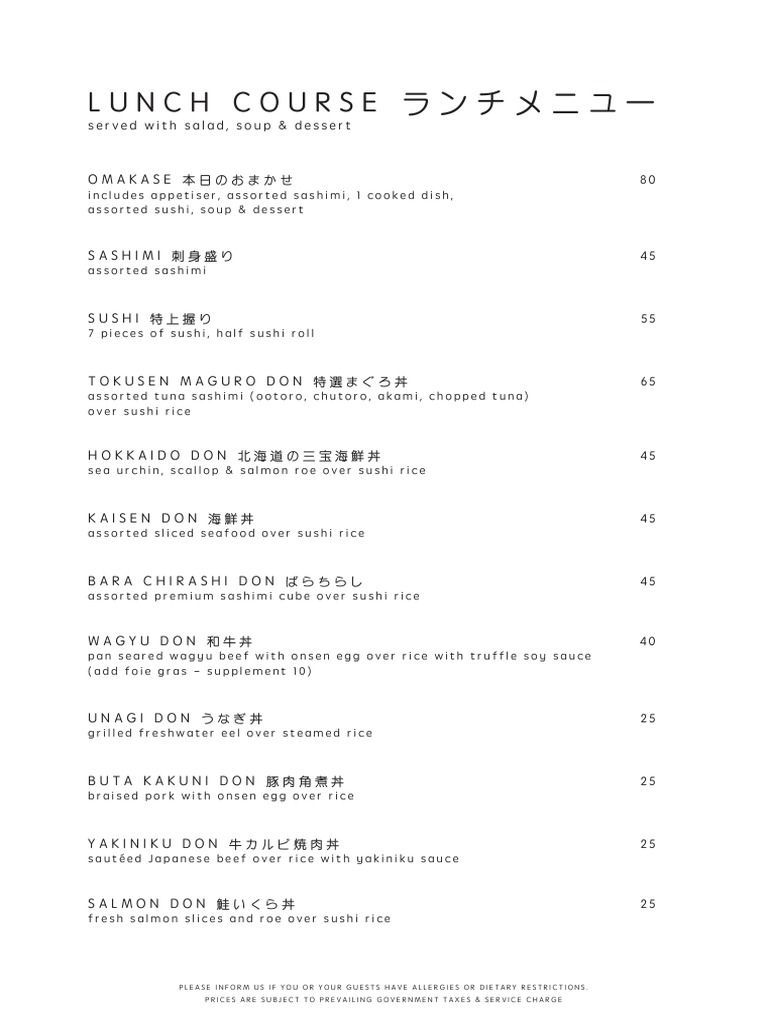 Japanese Lunch Menu with Dietary Info | PDF