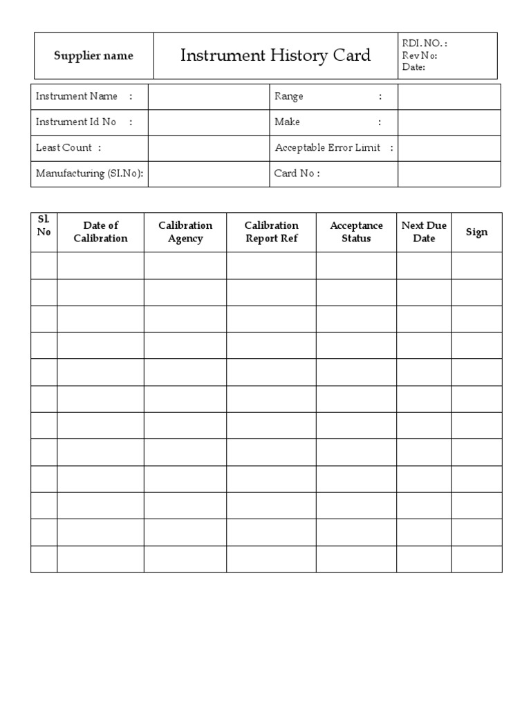 Instrument History Card Template | PDF