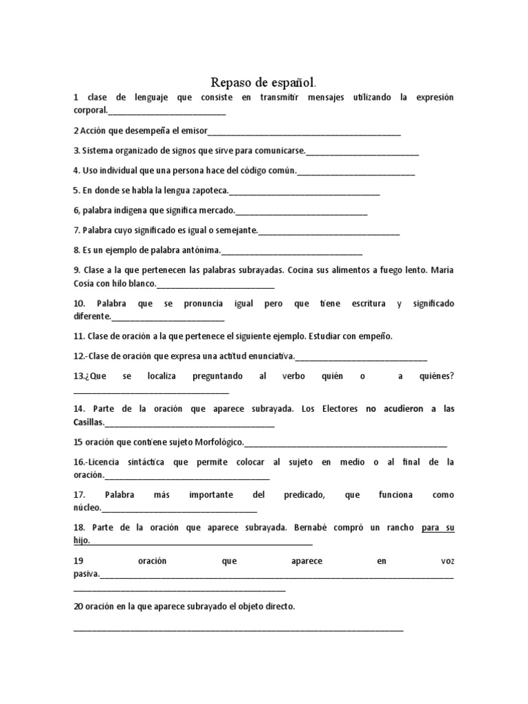 Repaso de Español | PDF | Oración (Lingüística) | Asunto (gramática)
