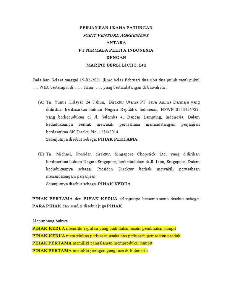 Contoh Surat Perjanjian Joint Venture at | PDF