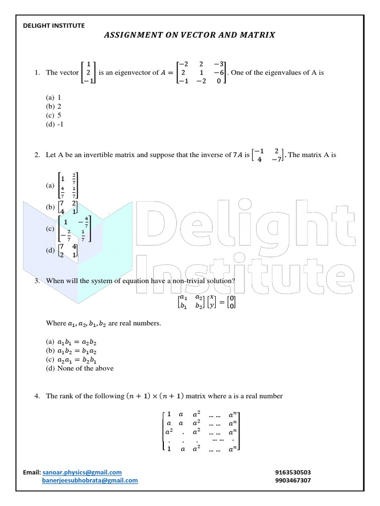 Assignment On Vector and Matrix | PDF | Matrix (Mathematics ... Assignment On Vector and Matrix | PDF | Matrix (Mathematics ...