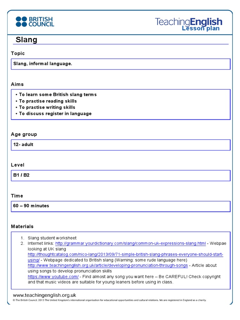 Slang Lesson Plan | PDF | Lesson Plan | Slang