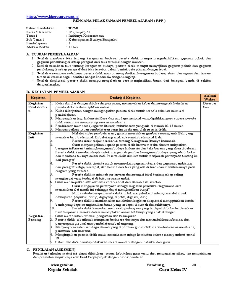 RPP Daring Kelas 4 Tema 1 ST 1 - WWW - Kherysuryawan.id | PDF