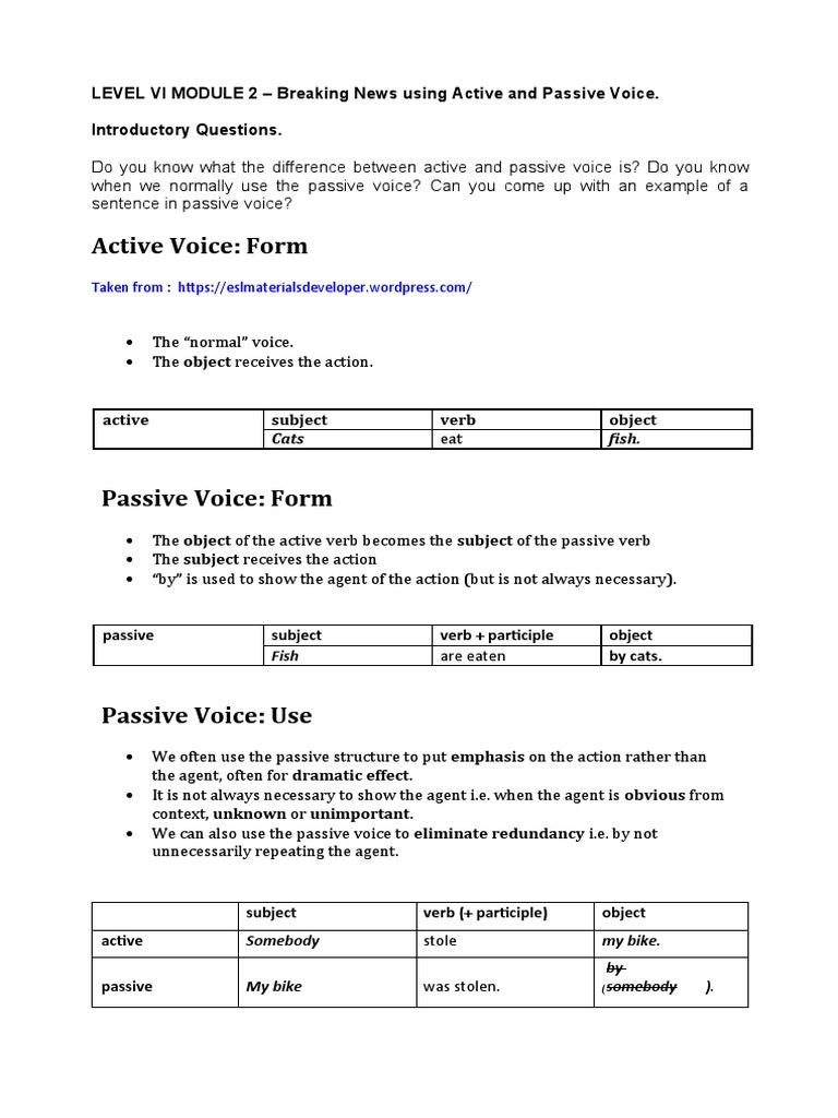 LEVEL VI MODULE 2 Active Passive Voice | PDF | Verb | Grammar