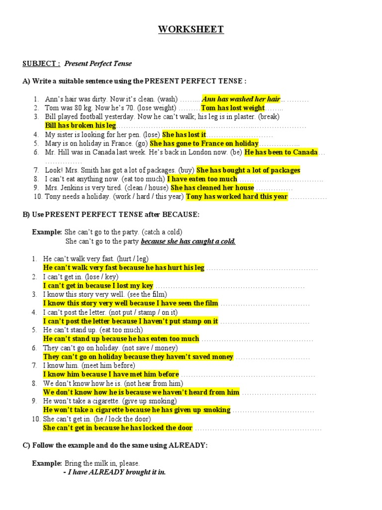 Present Perfect Tense Worksheet | PDF | Language Arts & Discipline