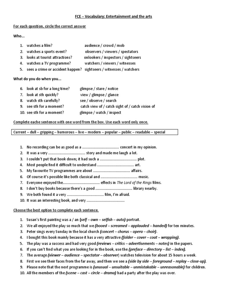 FCE - Vocabulary - Arts and Entertainment | PDF