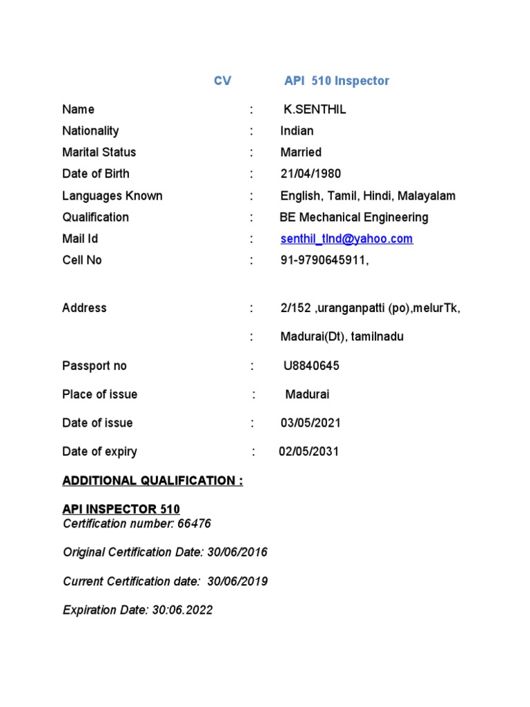 CV Api 510 Inspector | PDF | Nondestructive Testing | Pipe (Fluid ...