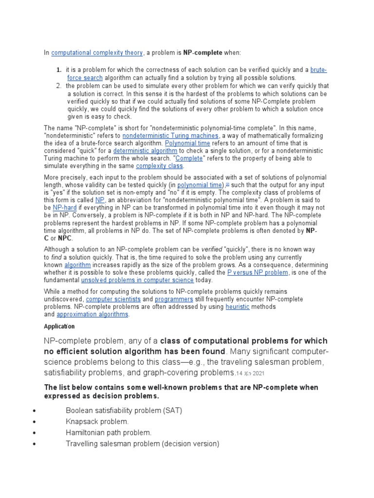 No Efficient Solution Algorithm Has Been Found. Many Significant ...