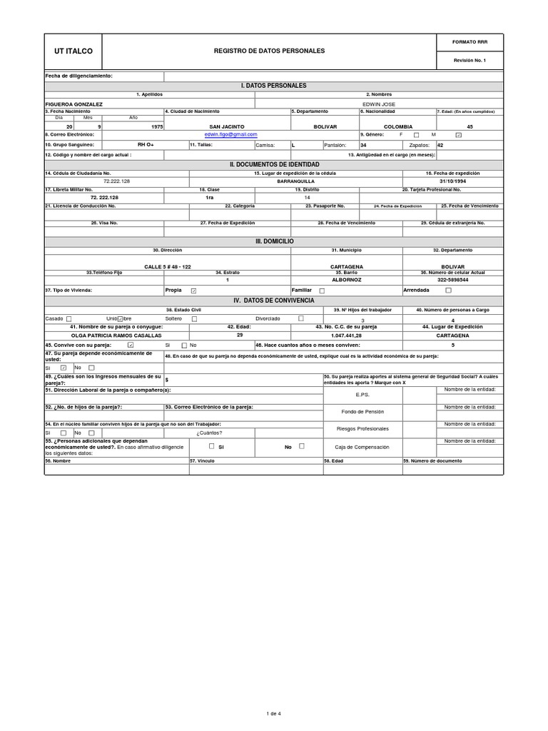 Formato R1 - Registro de Datos Personales (7) (2) (4) EDWIN FG ITALCO | PDF
