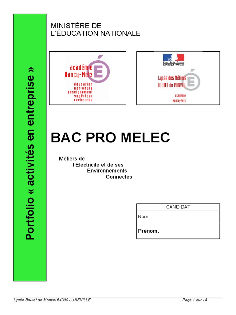 Livret PFMP Bac Pro Melec Boutet 2018 v2 | PDF | Efficacité énergétique | Santé et sécurité au ...