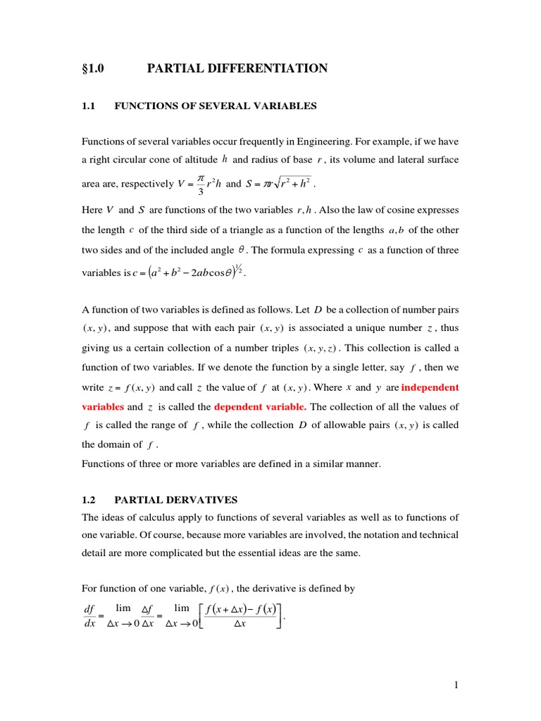 Functions of Several Variables Partial Differentiation 2 Week 1 | PDF | Derivative | Variable ...