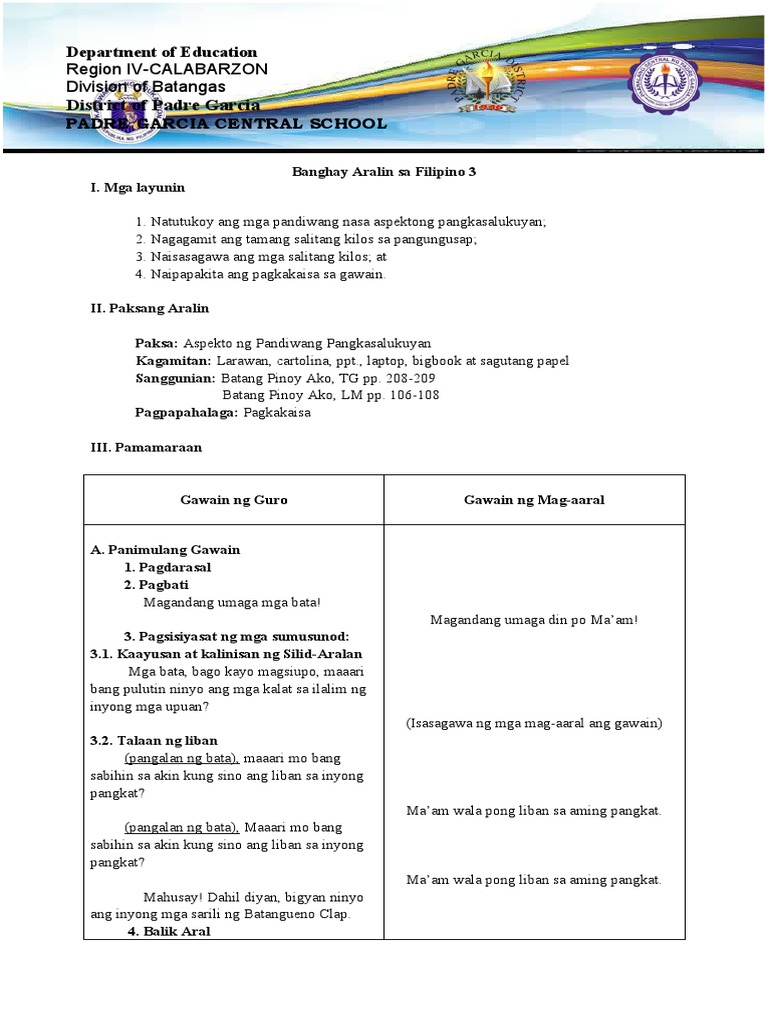 Banghay Aralin Sa FIlipino 3 | PDF