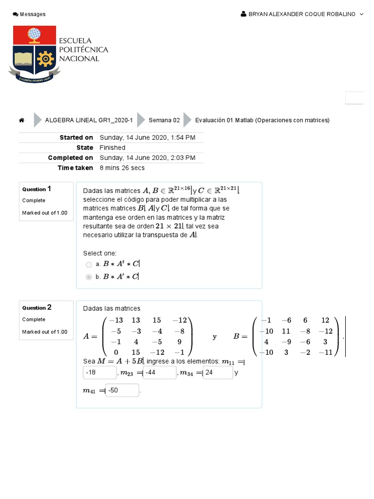 Evaluación 01 Matlab (Operaciones Con Matrices) | PDF | Matriz ...