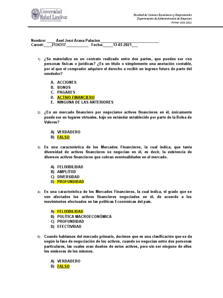 Prueba Corta 13 - 3 - 2021 | PDF | Mercado (economía) | Economía Financiera