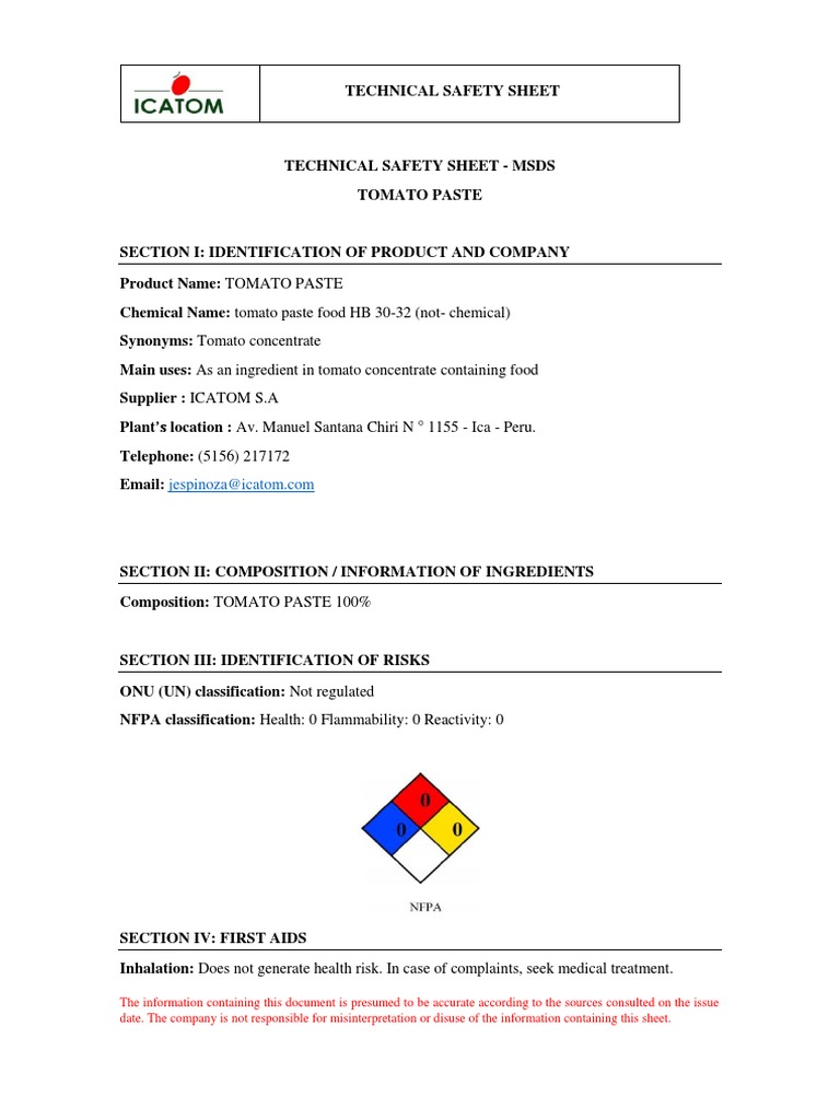 MSDS for Tomato Paste by ICATOM | PDF | Chemistry | Safety